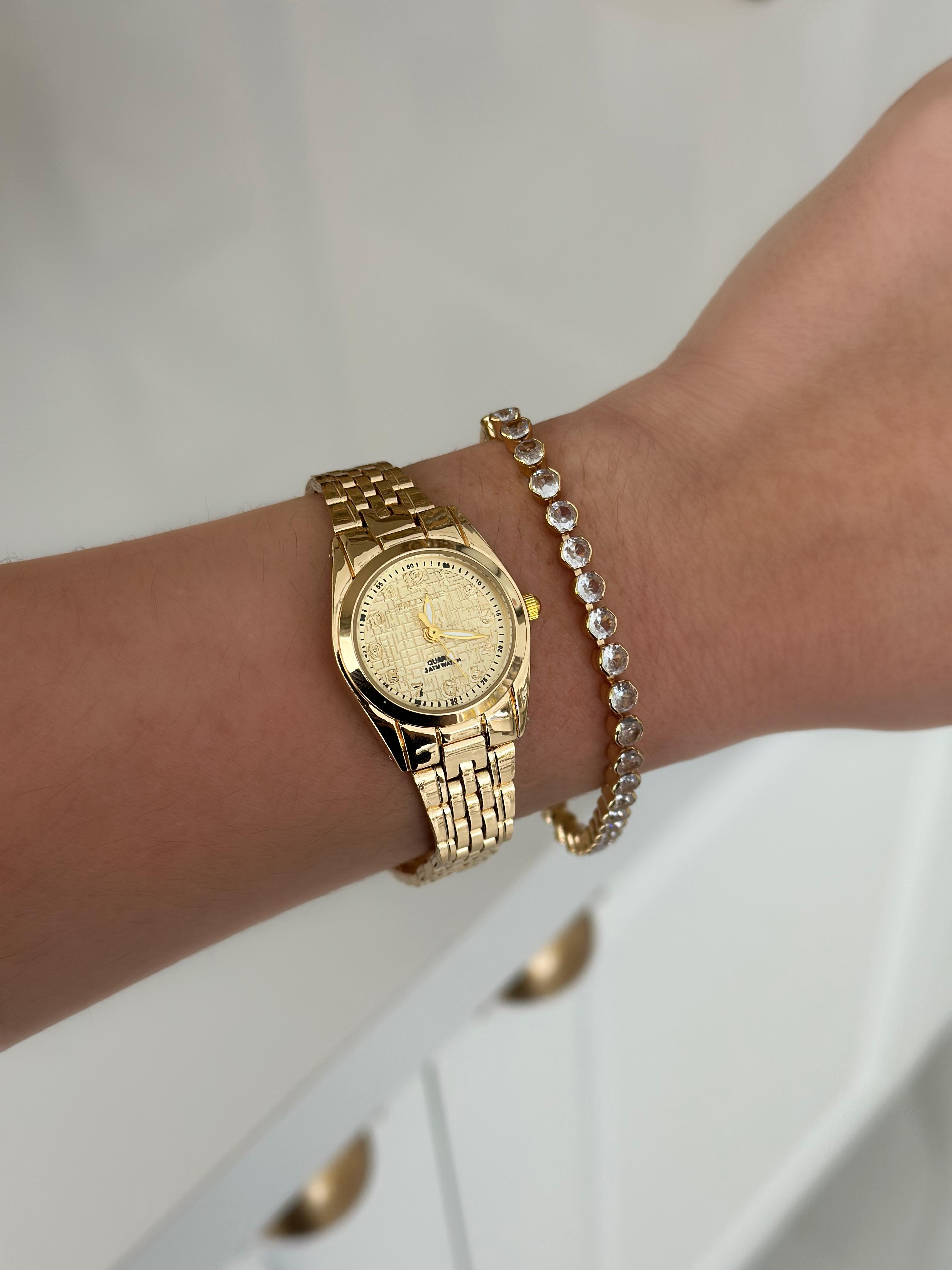 Miss.A Acessórios - Relógio Dourado com Fundo Detalhado Gold